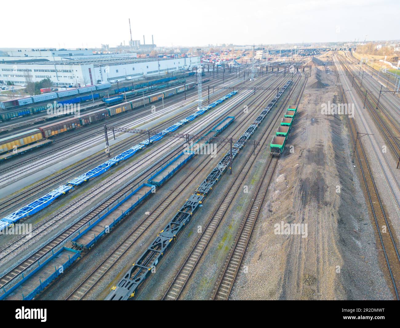 Cargo trains. Aerial view of colorful freight trains. Railway station ...