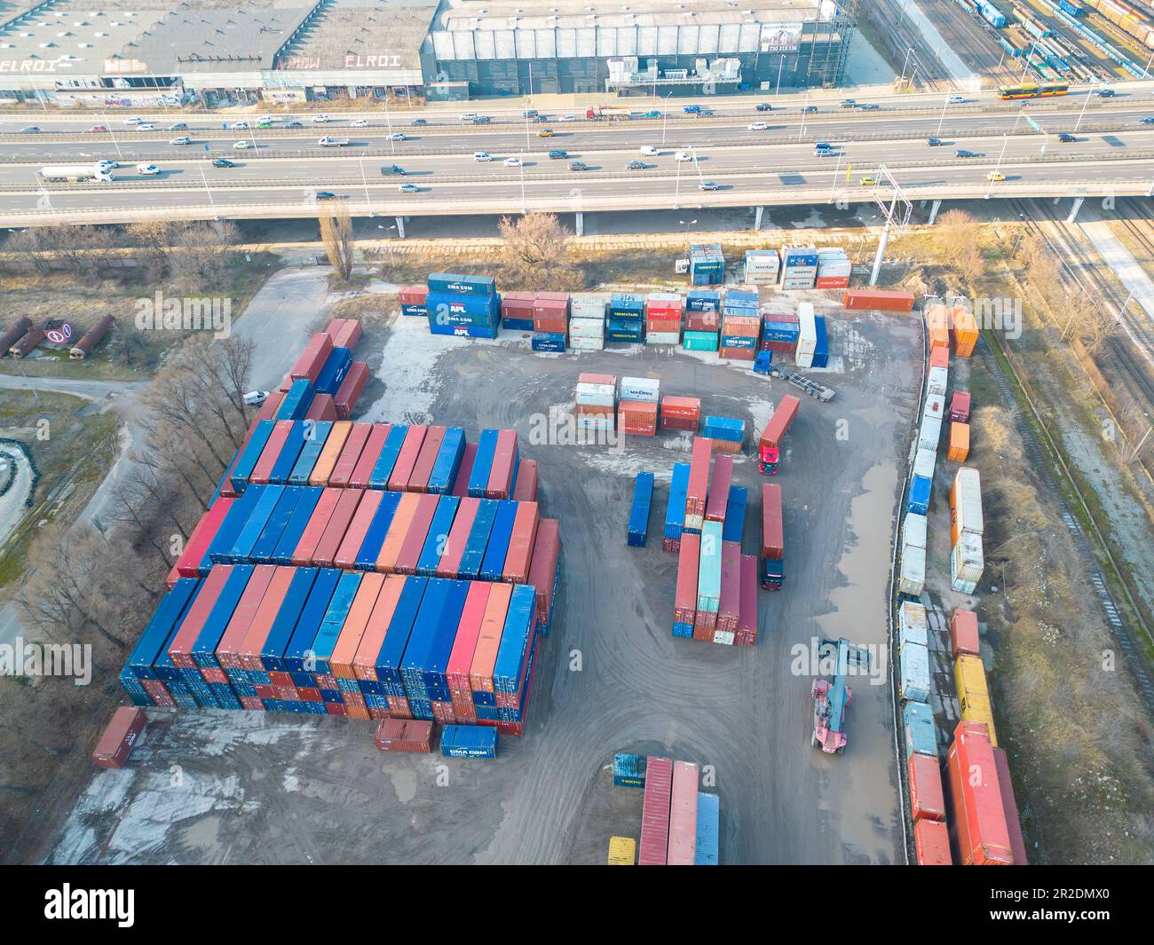 Cargo trains. Aerial view of colorful freight trains. Railway station ...