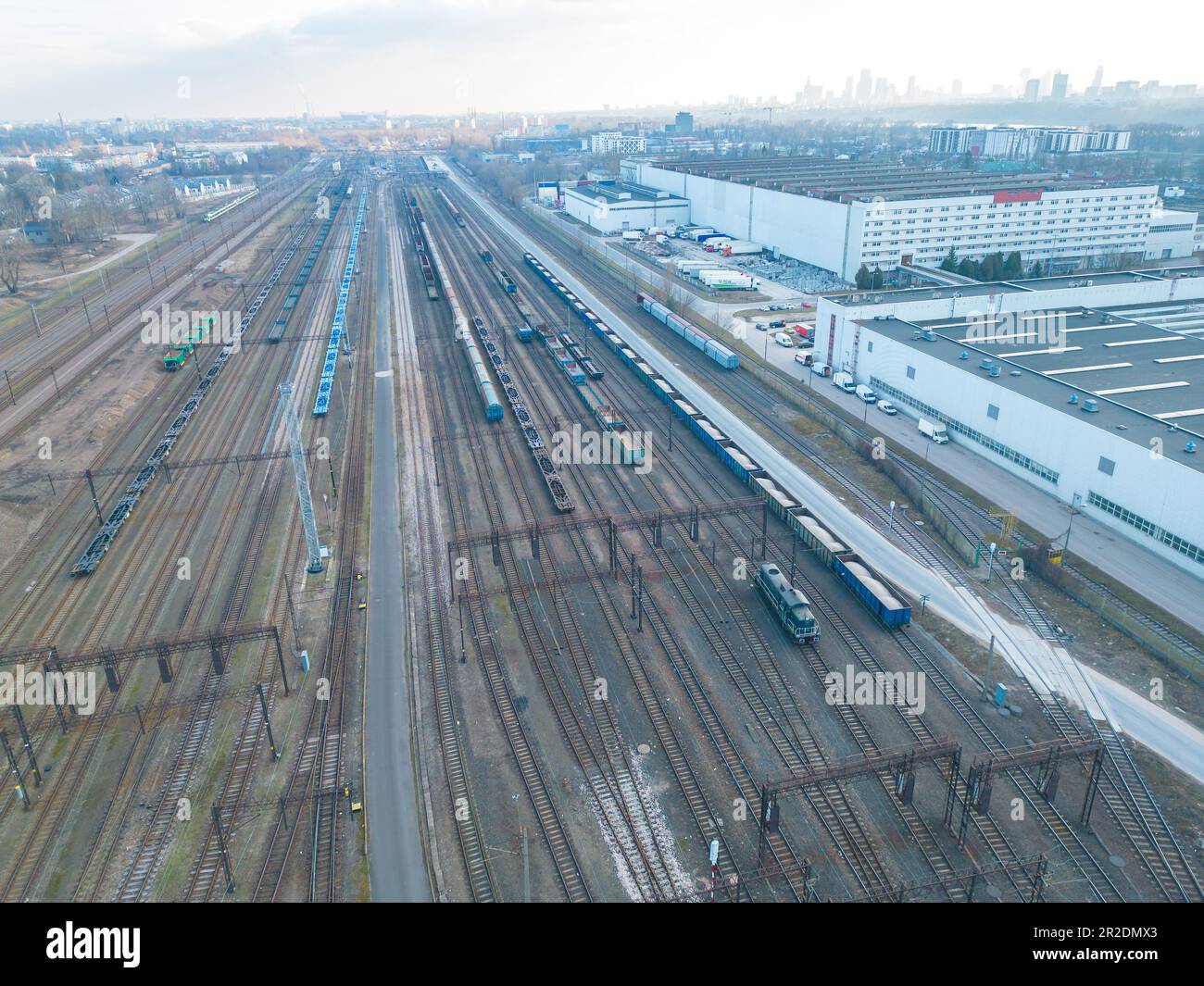 Cargo trains. Aerial view of colorful freight trains. Railway station ...