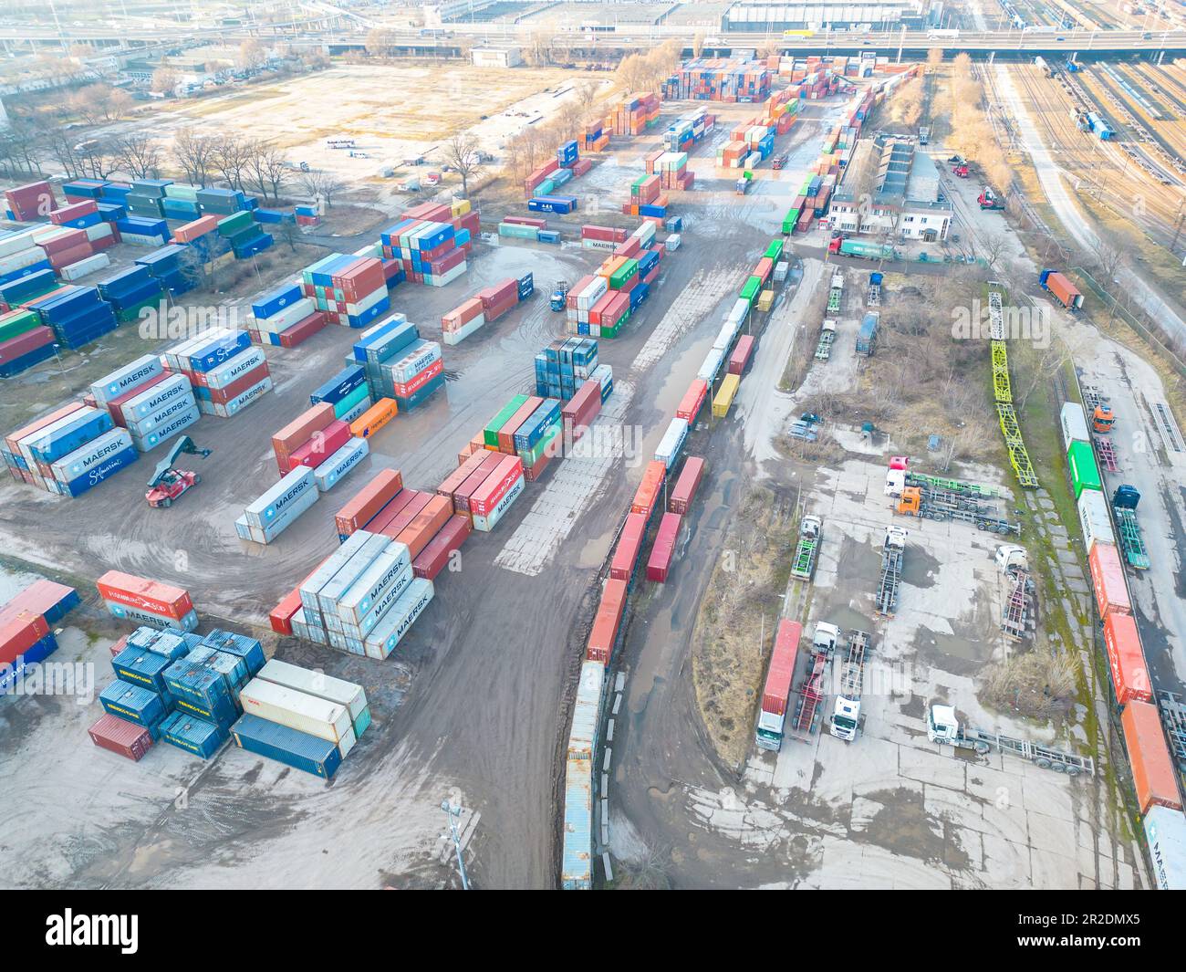 Cargo trains. Aerial view of colorful freight trains. Railway station ...