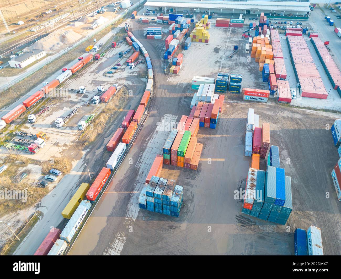 Cargo trains. Aerial view of colorful freight trains. Railway station ...