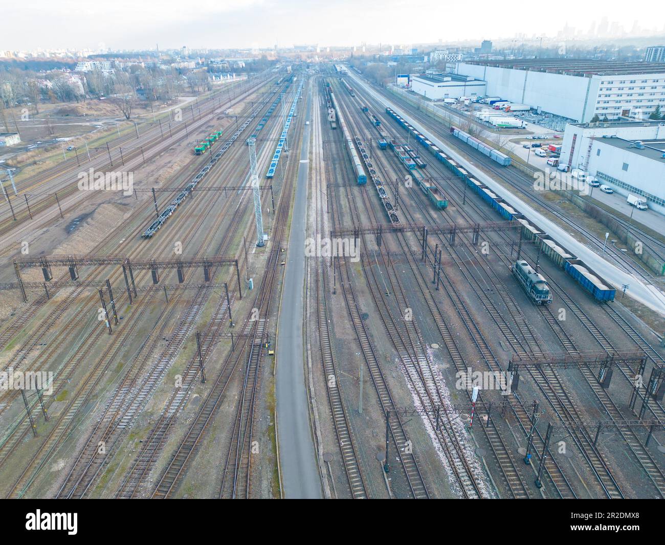 Cargo trains. Aerial view of colorful freight trains. Railway station ...