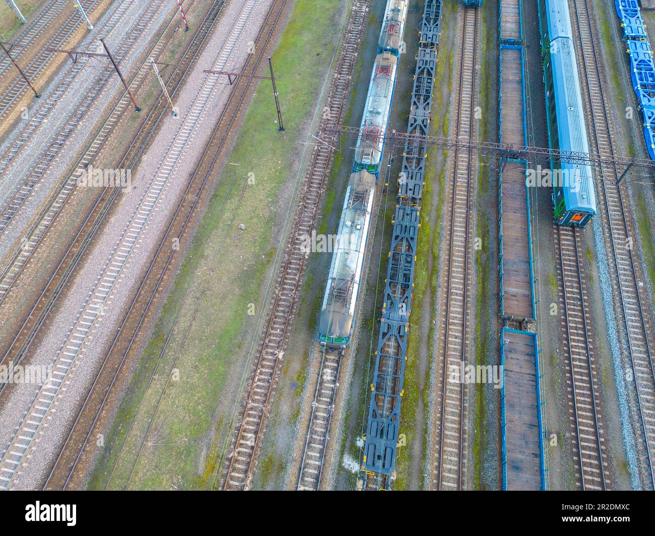 Cargo trains. Aerial view of colorful freight trains. Railway station ...