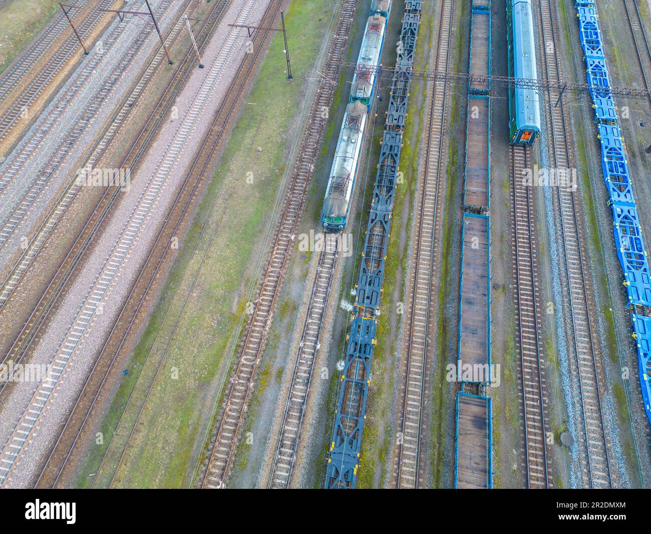 Cargo trains. Aerial view of colorful freight trains. Railway station ...