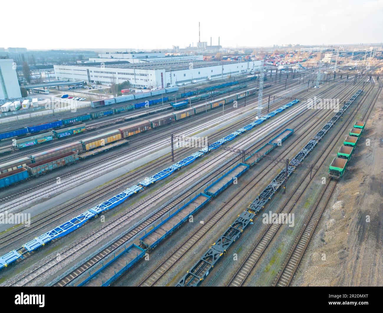 Cargo trains. Aerial view of colorful freight trains. Railway station ...