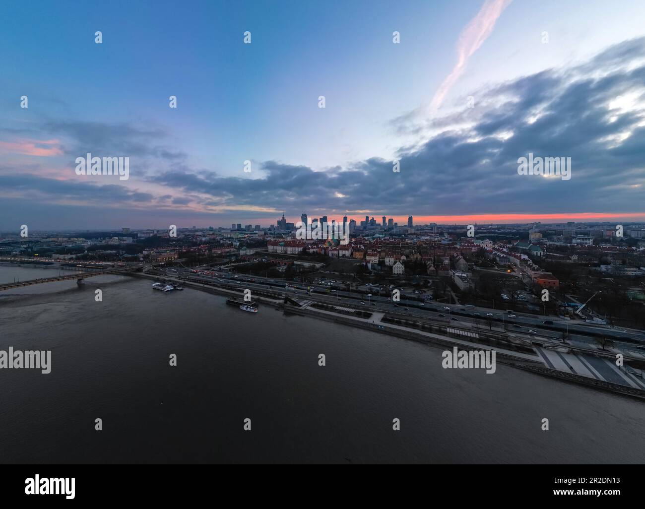 Beautiful panoramic aerial drone skyline sunset view of the Warsaw City ...