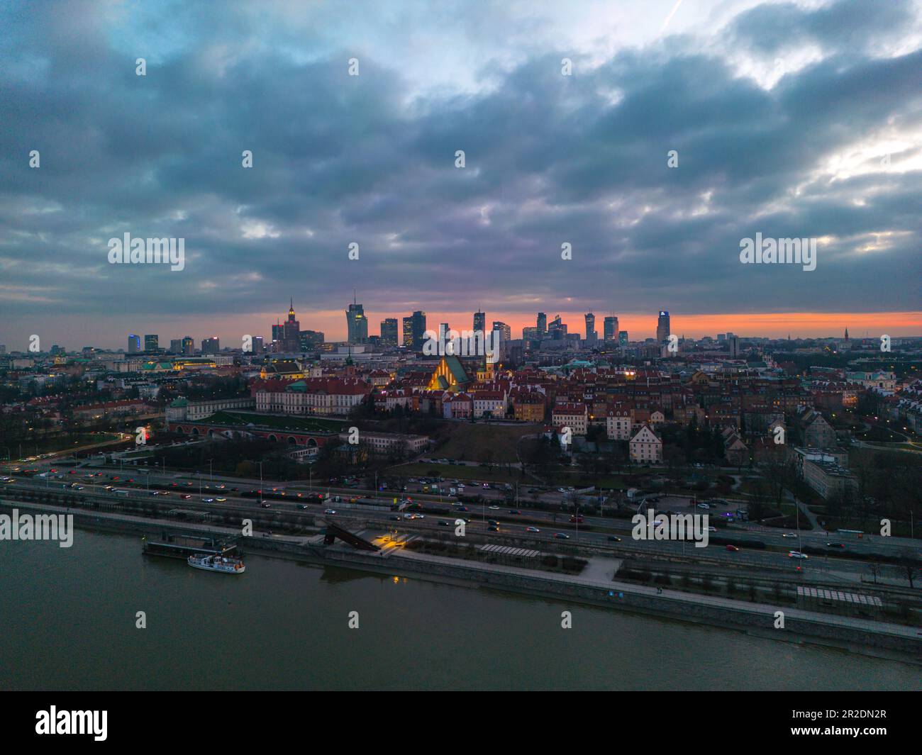 Beautiful panoramic aerial drone skyline sunset view of the Warsaw City ...