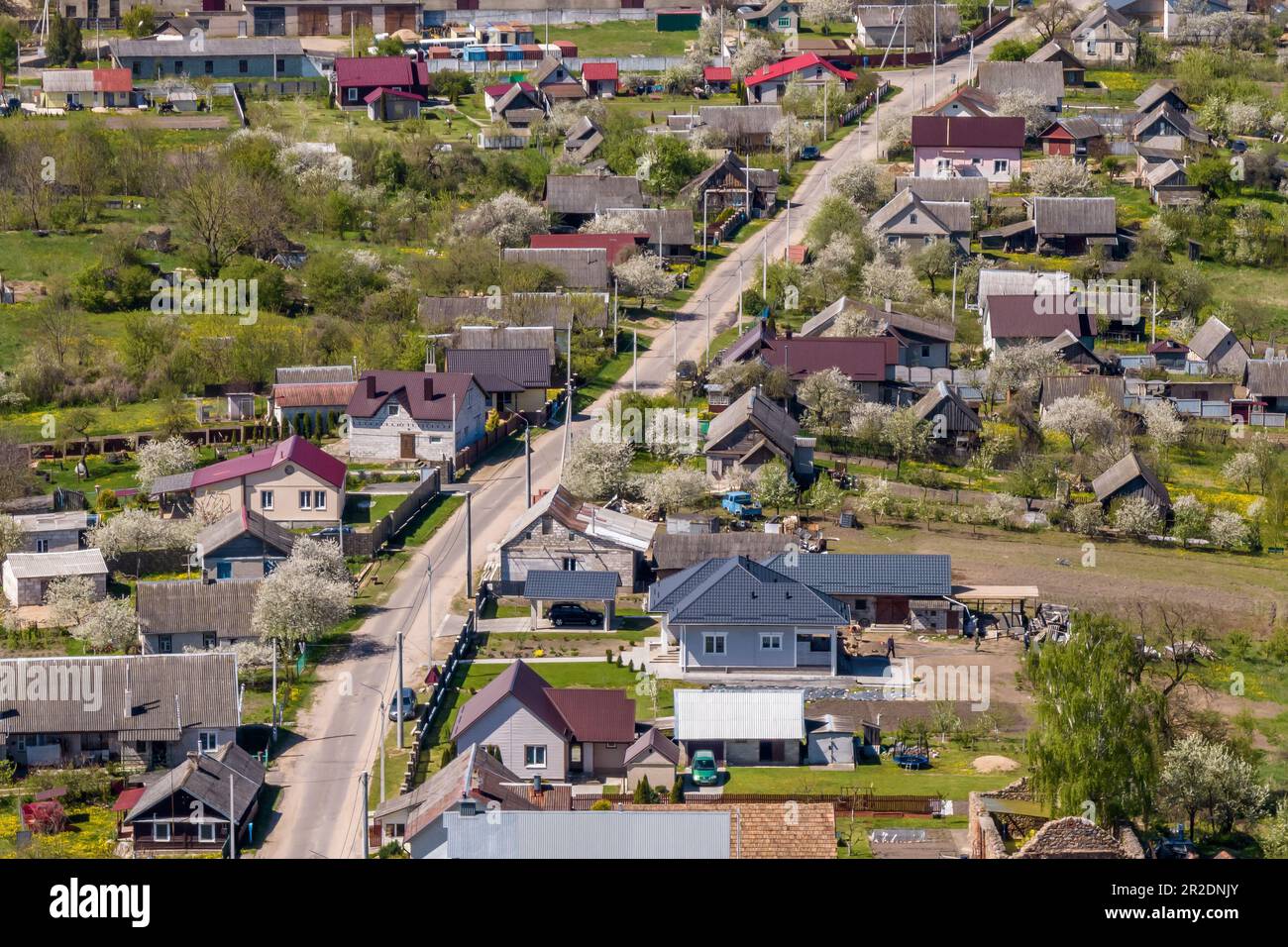 panoramic aerial view of private development with country houses or eco ...