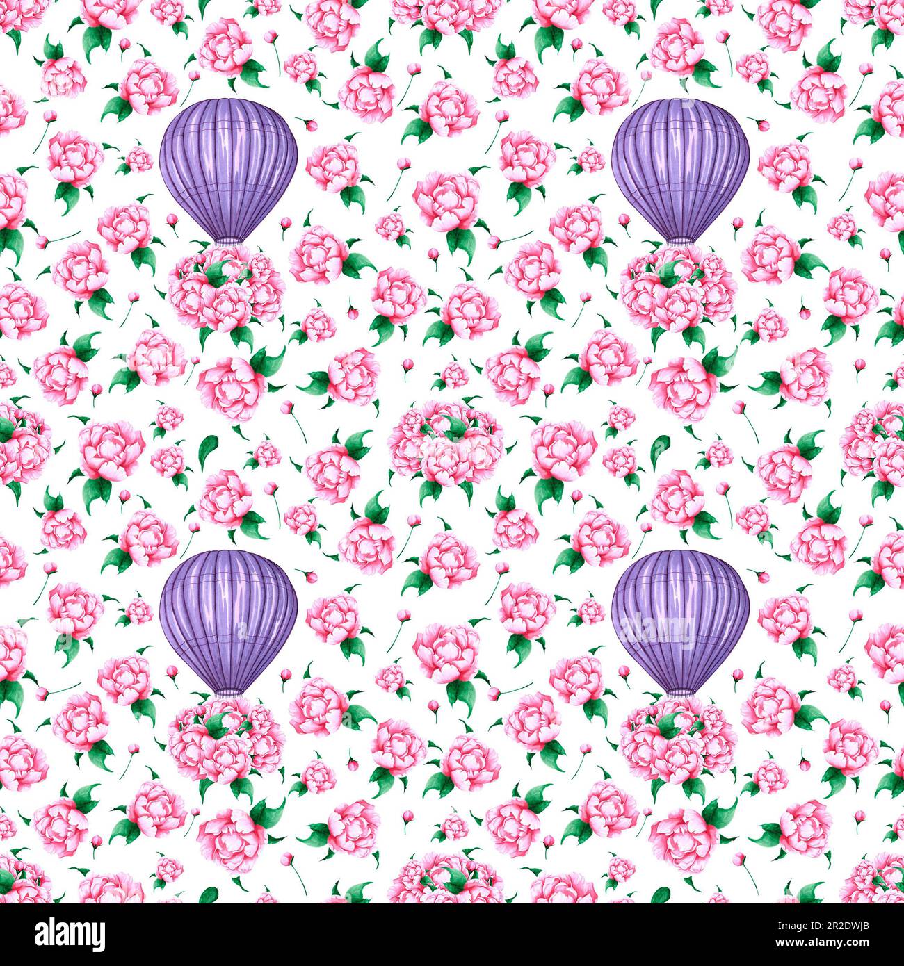 Watercolor purple hot air balloon with peony flowers seamless pattern ...