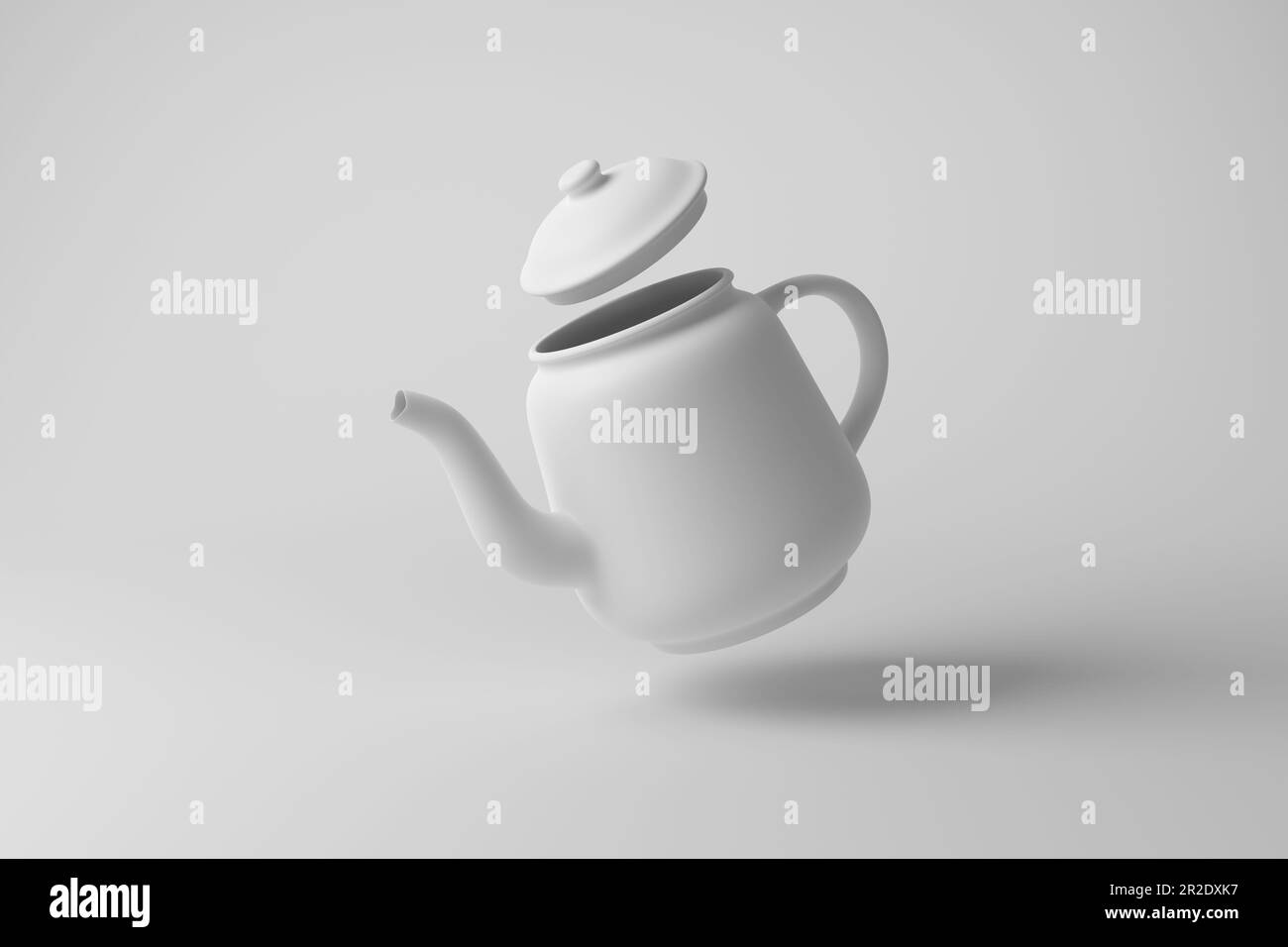 White teapot floating in mid air with shadow on white background in ...