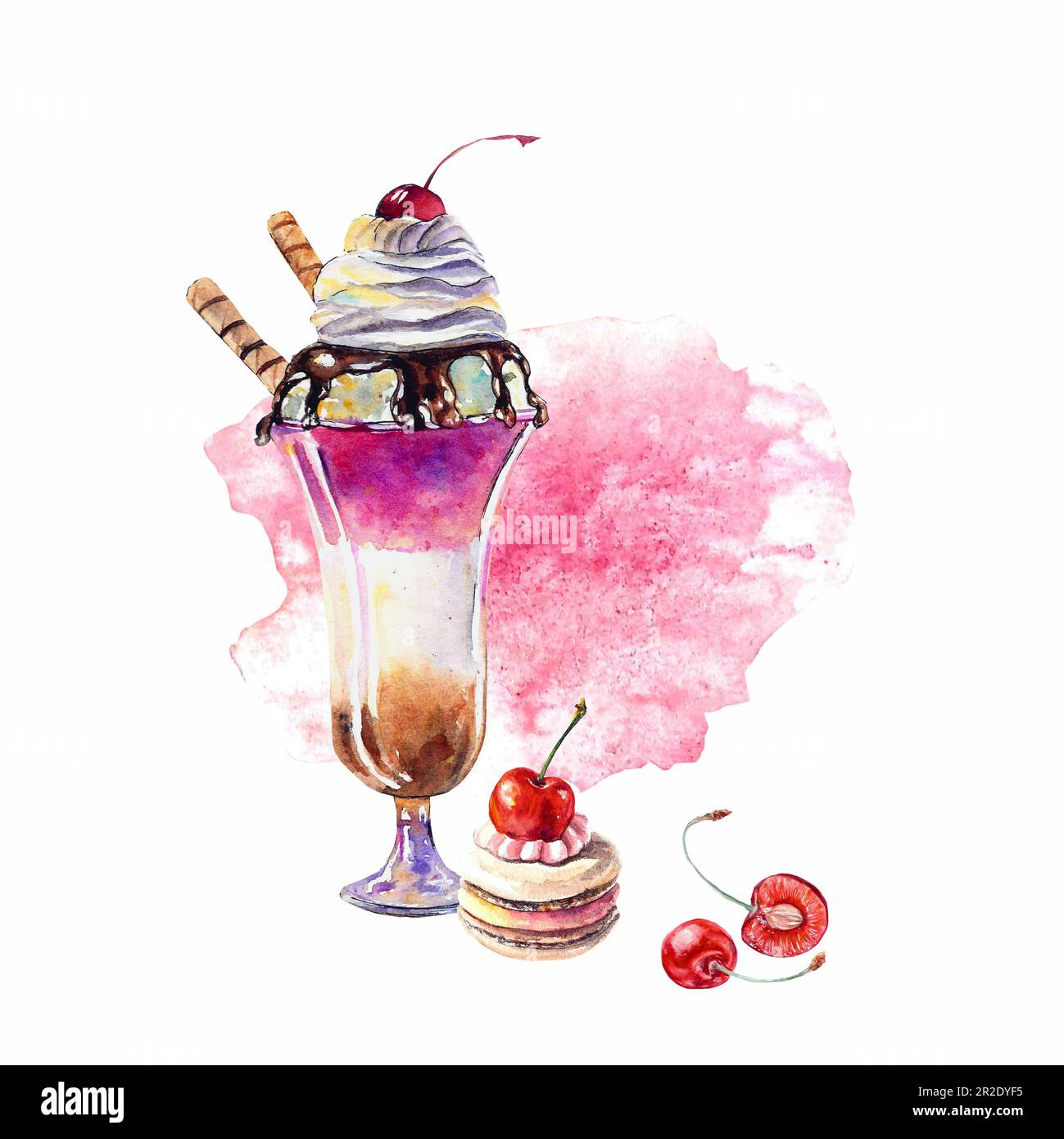 Milkshake with cherries, macaroni cake and cherry berries. Watercolor ...