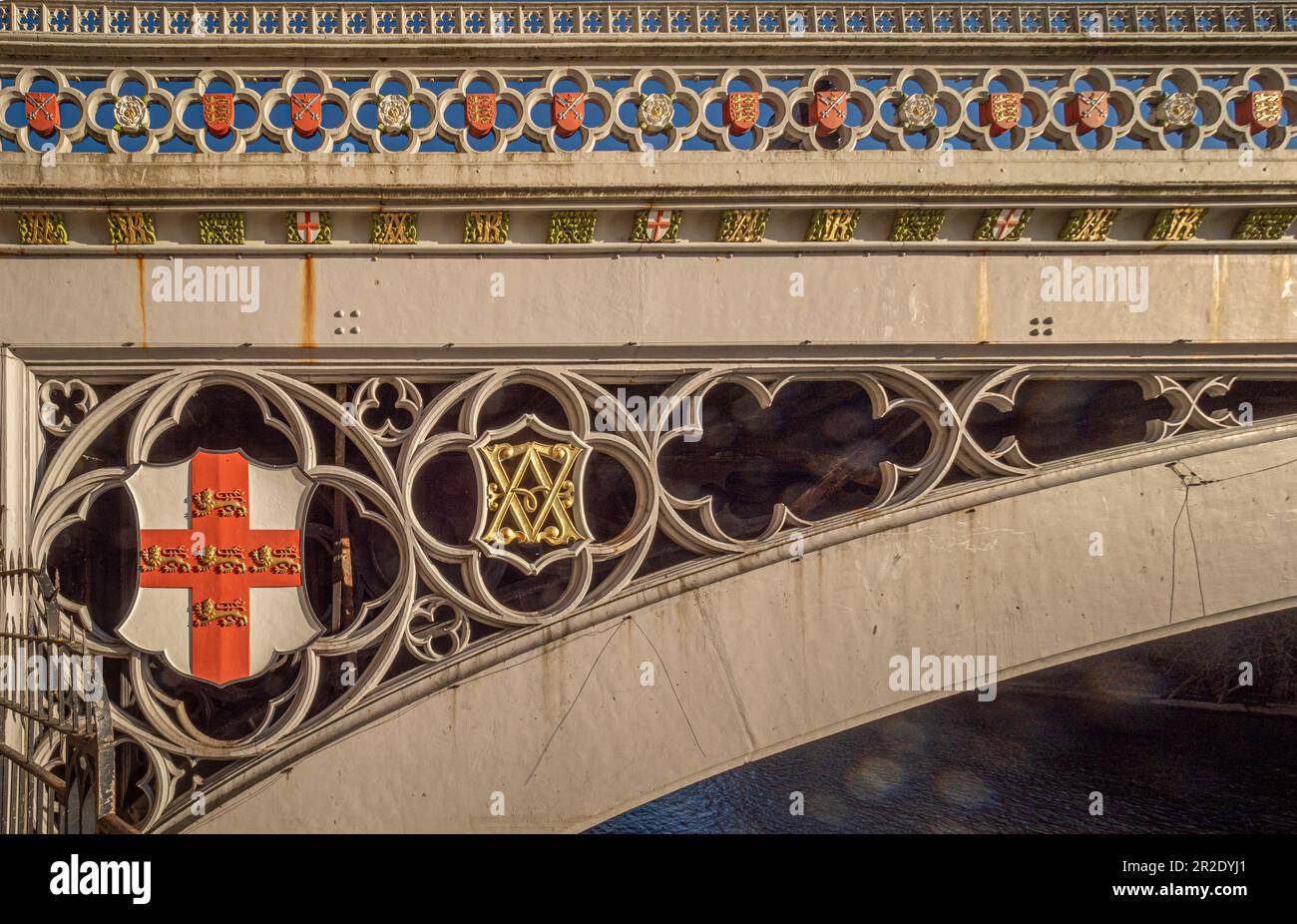 Closeup of the heraldic shields on the cast iron supports, and ...