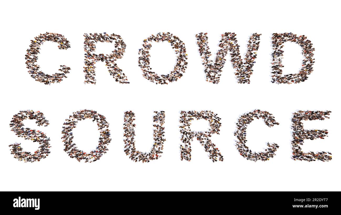 Conceptual large community of people forming CROWD SOURCE concept. 3d ...