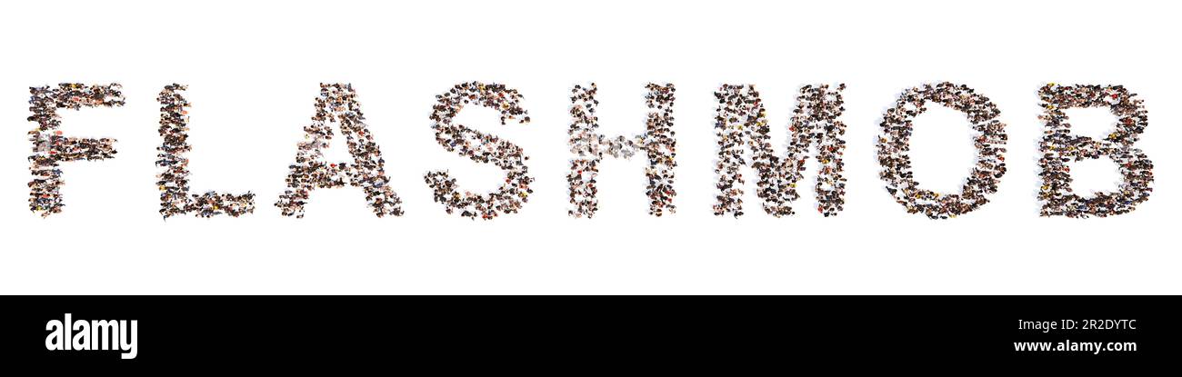 Conceptual large community of people forming FLASHMOB word. 3d ...
