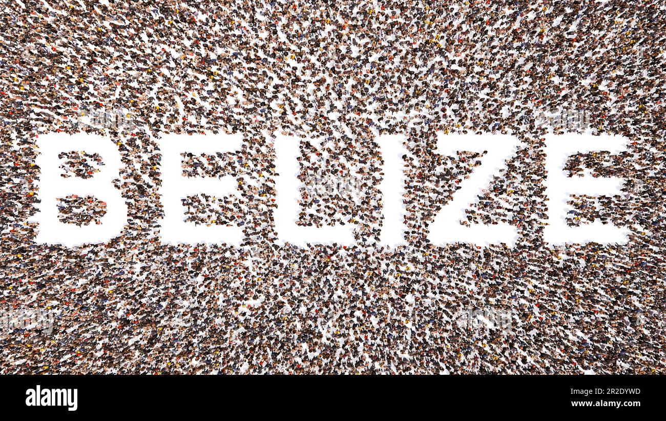 Concept conceptual large community of people forming the word BELIZE ...