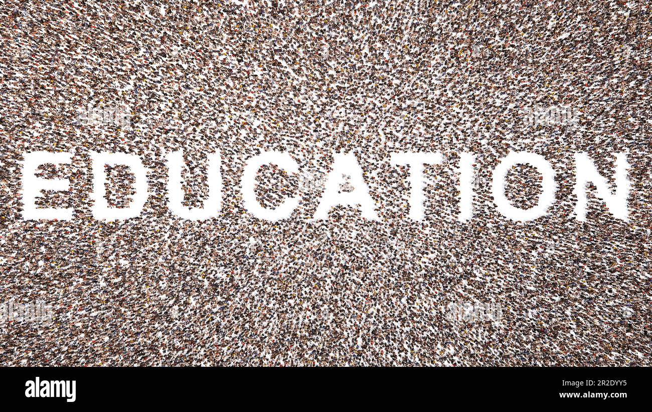 Conceptual large community of people forming the word EDUCATION. 3d ...