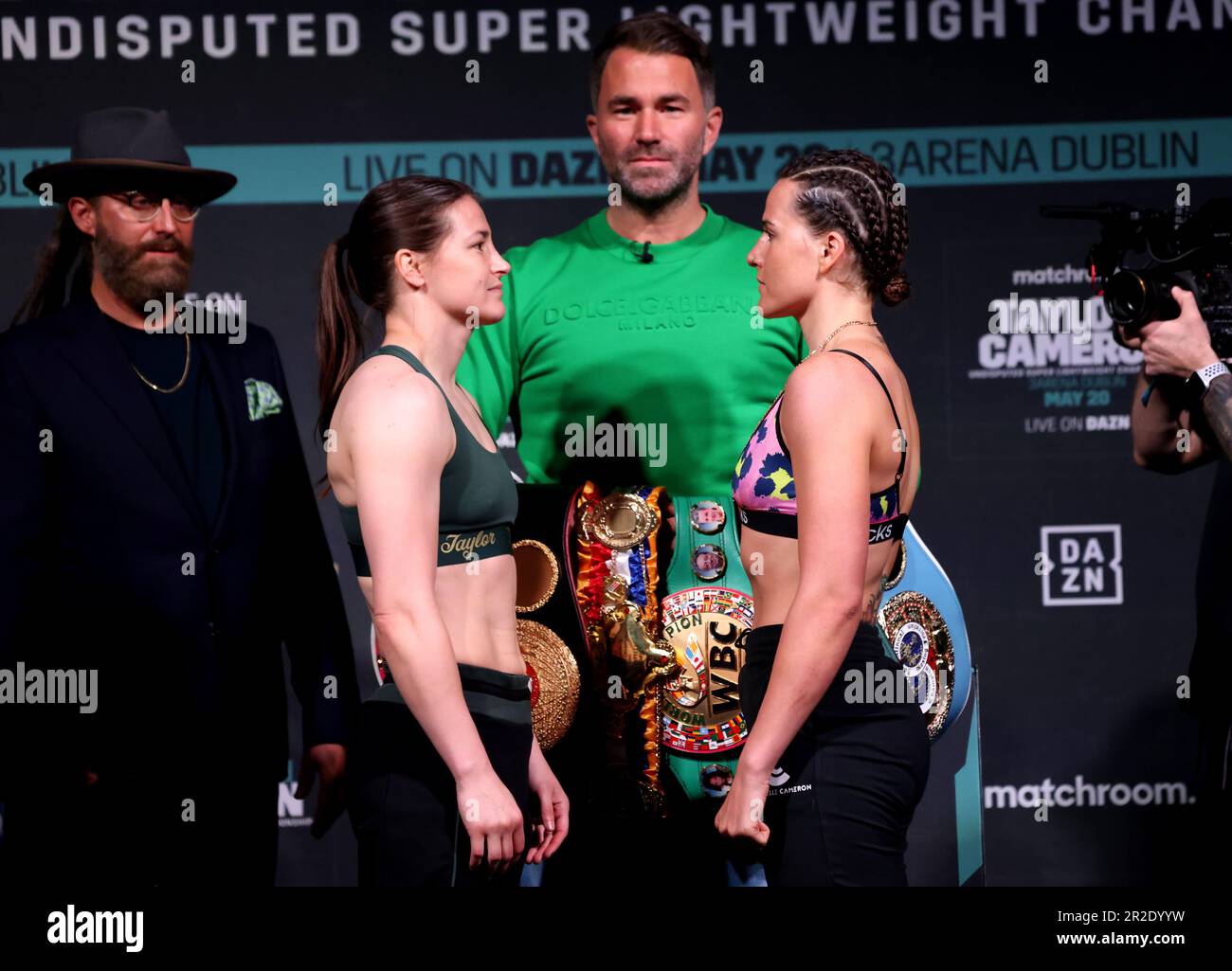 Chantelle Cameron and Katie Taylor (left) during a weigh-in at The ...