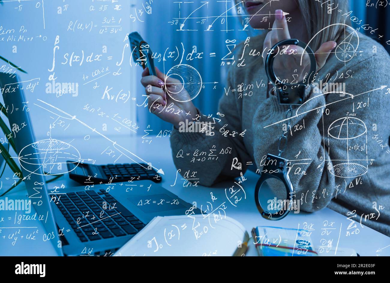 Student or teacher with mathematical and scientific formulas. Concepts ...