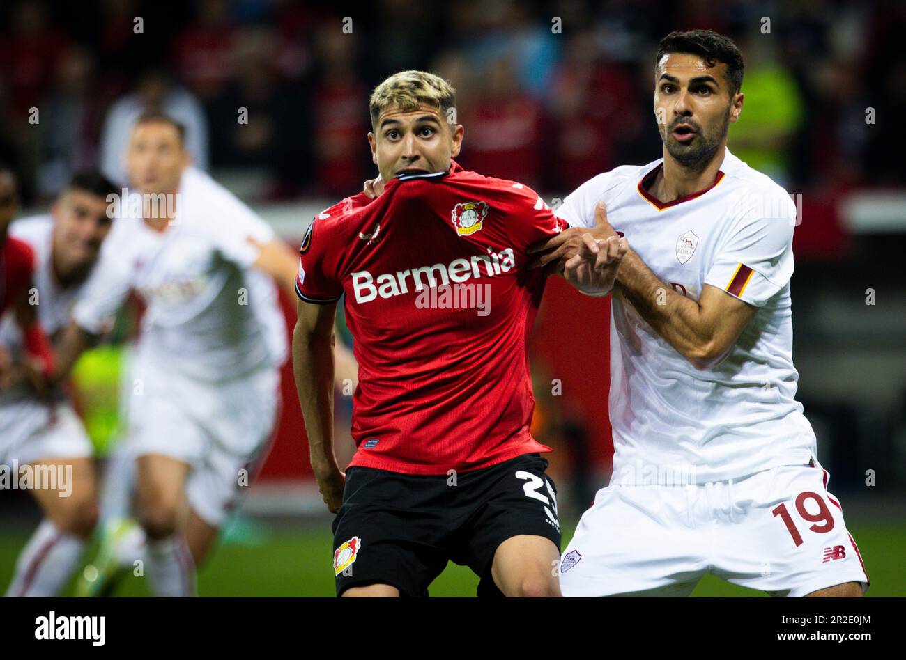 Leverkusen, Germany. 18th Mai, 2023. Exequiel Palacios (Leverkusen) Zeki Celik (Rom) Bayer ...
