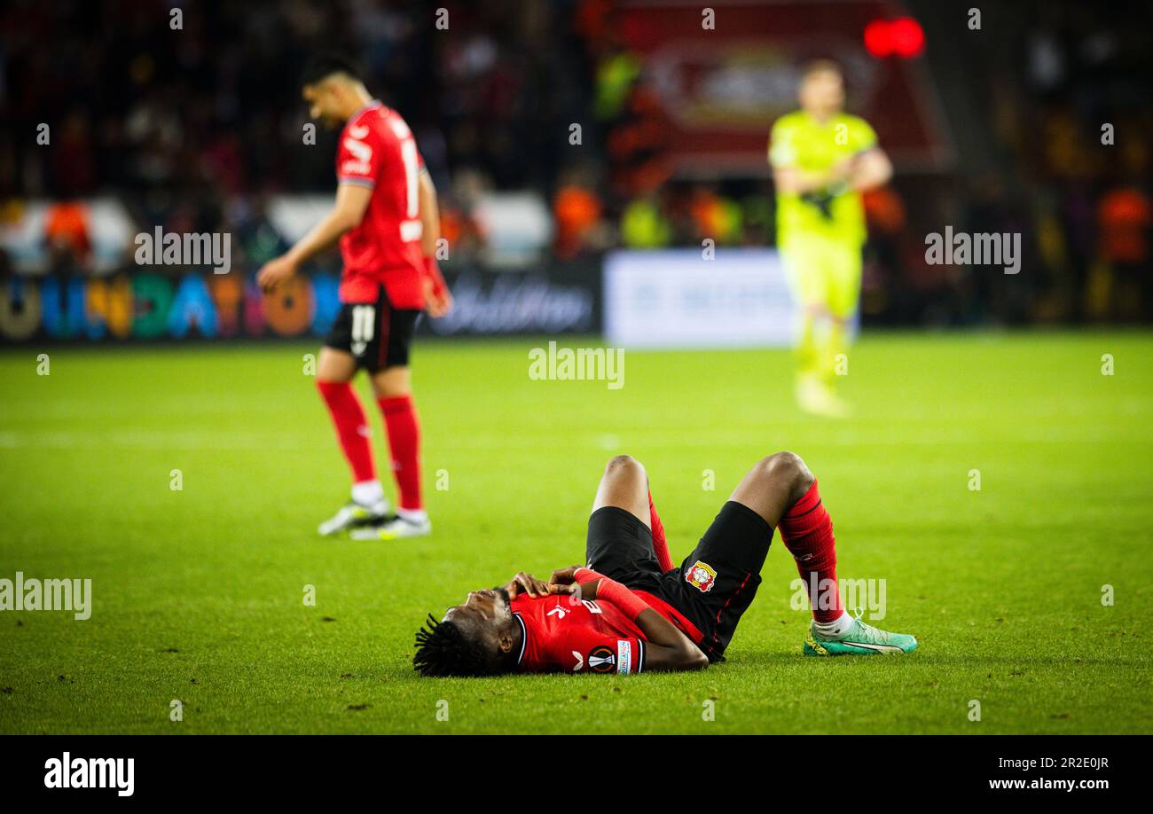Leverkusen, Germany. 18th Mai, 2023. Edmond Tapsoba (Leverkusen) enttäuscht Bayer Leverkusen ...