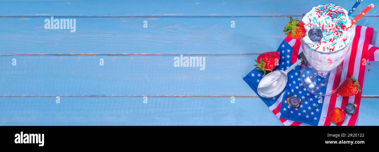 Patriotic USA American loaded milkshake, sweet dessert with red, white ...