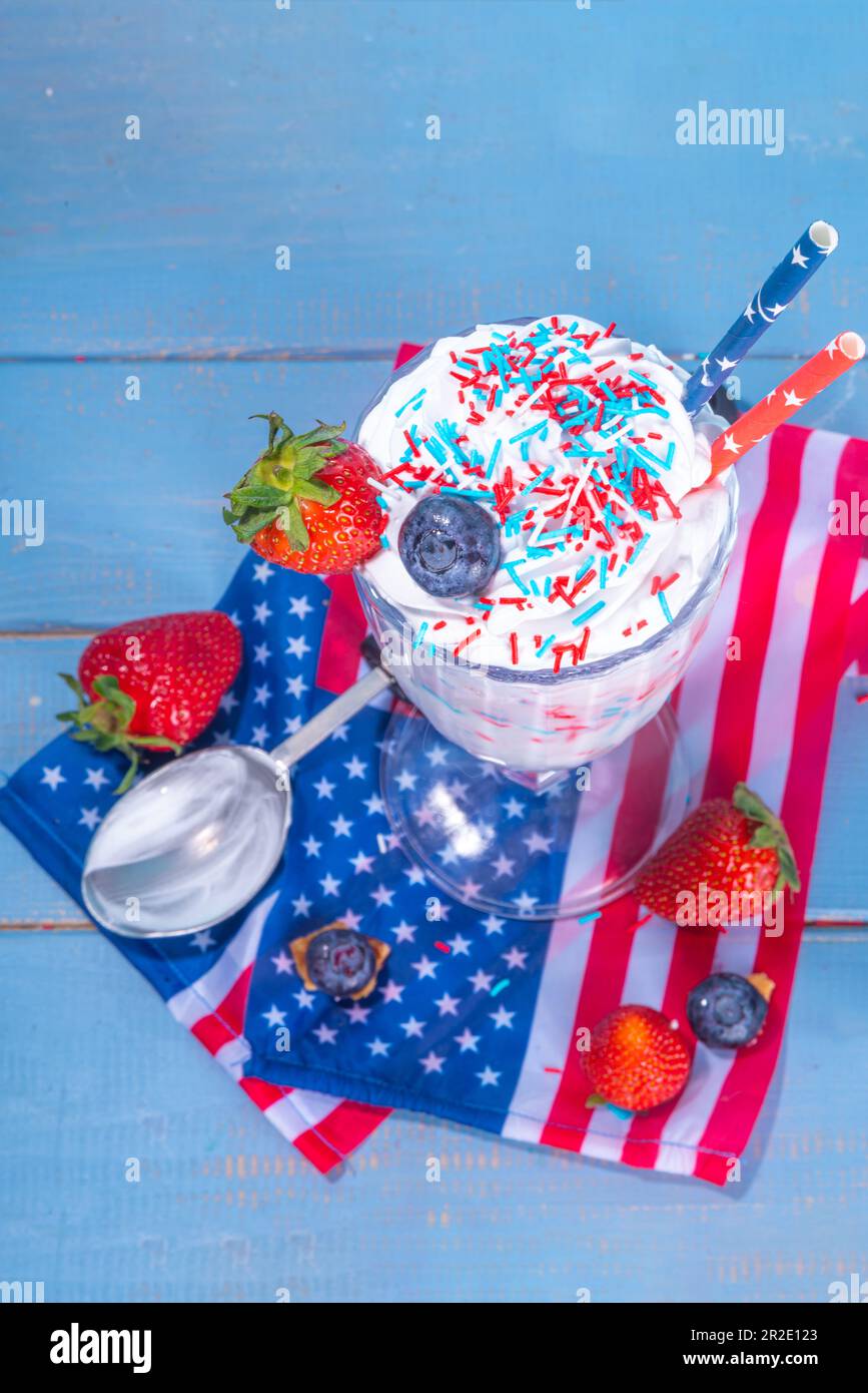 Patriotic USA American loaded milkshake, sweet dessert with red, white ...