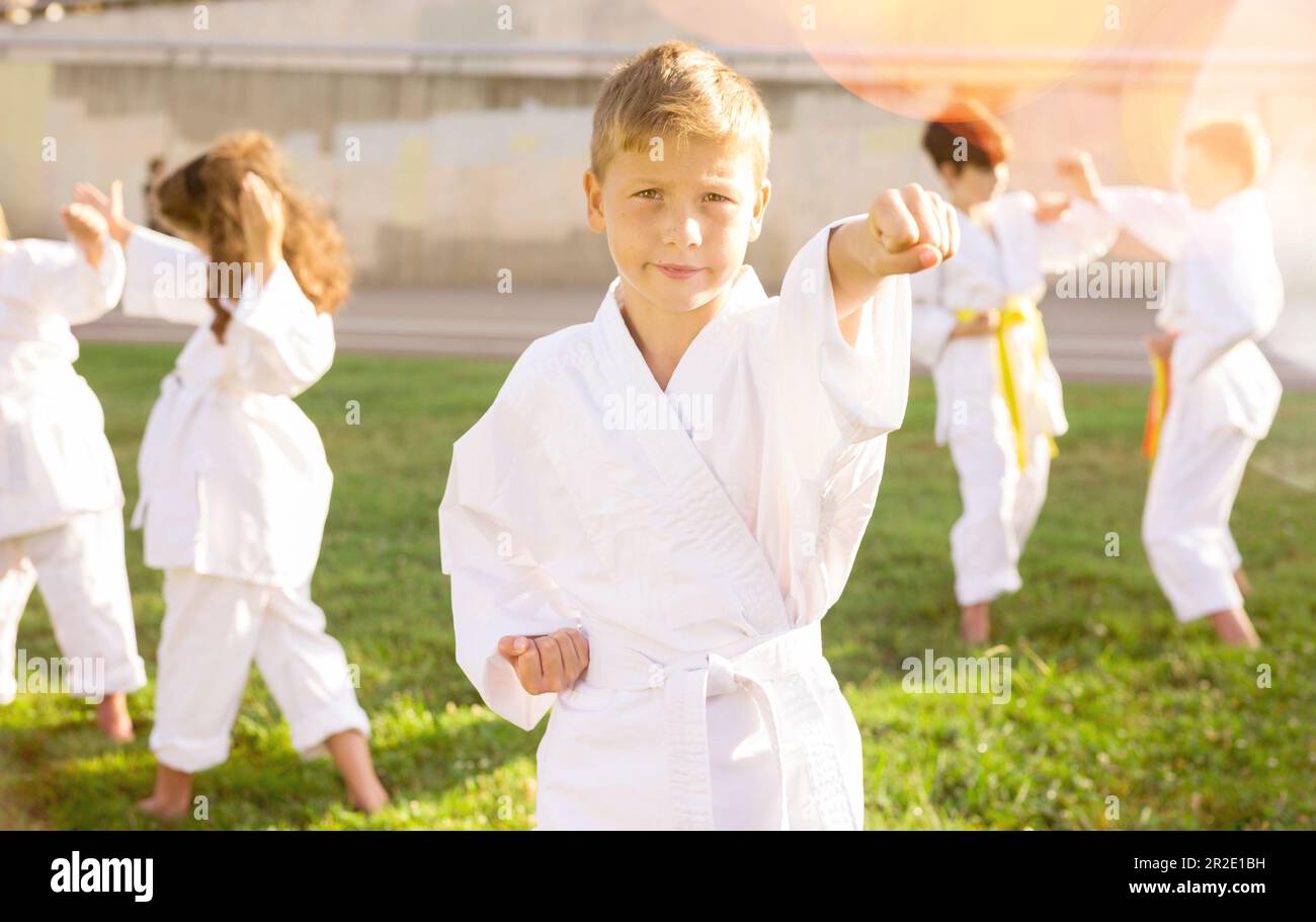 Boy throws a punch at martial arts practice Stock Photo - Alamy