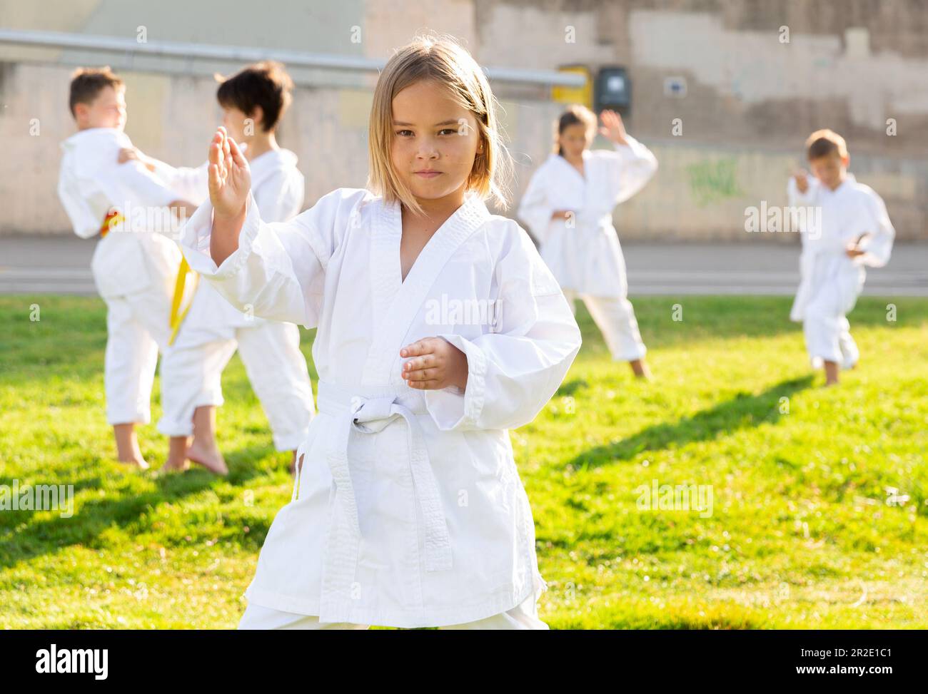 Tween girl exercising taekwondo techniques with group on green lawn ...
