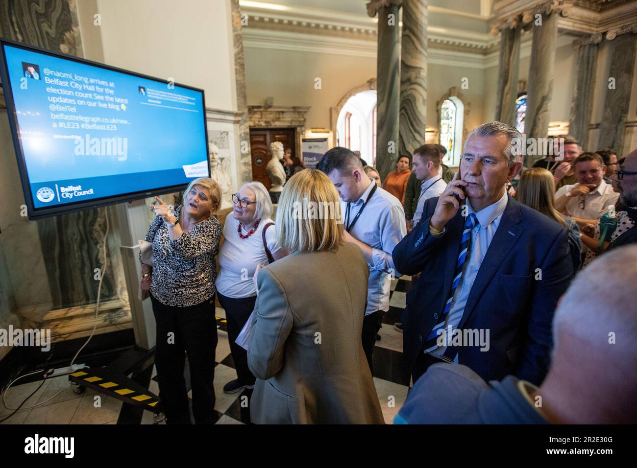 DUP Edwin Poots MLA speaking on a mobile phone at Belfast City Hall as ...