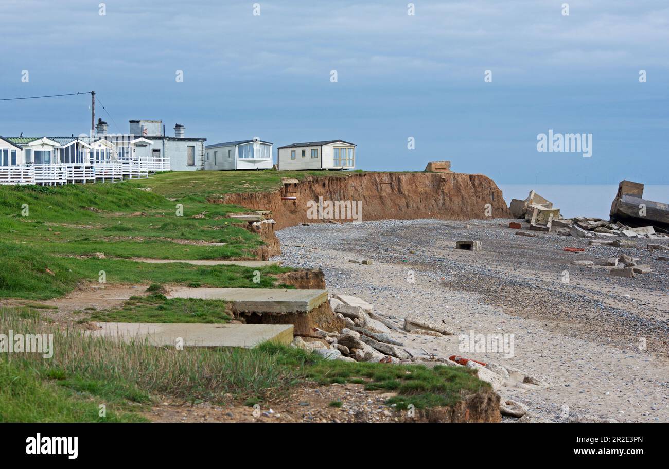 Chalets in the Sandy Beaches Holiday Village. Kilnsea,undercut by cliff ...