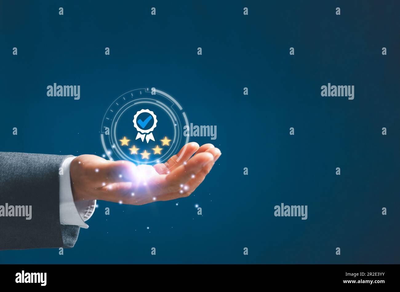 Hand shows sign of top service Quality assurance 5 star, Guarantee ...