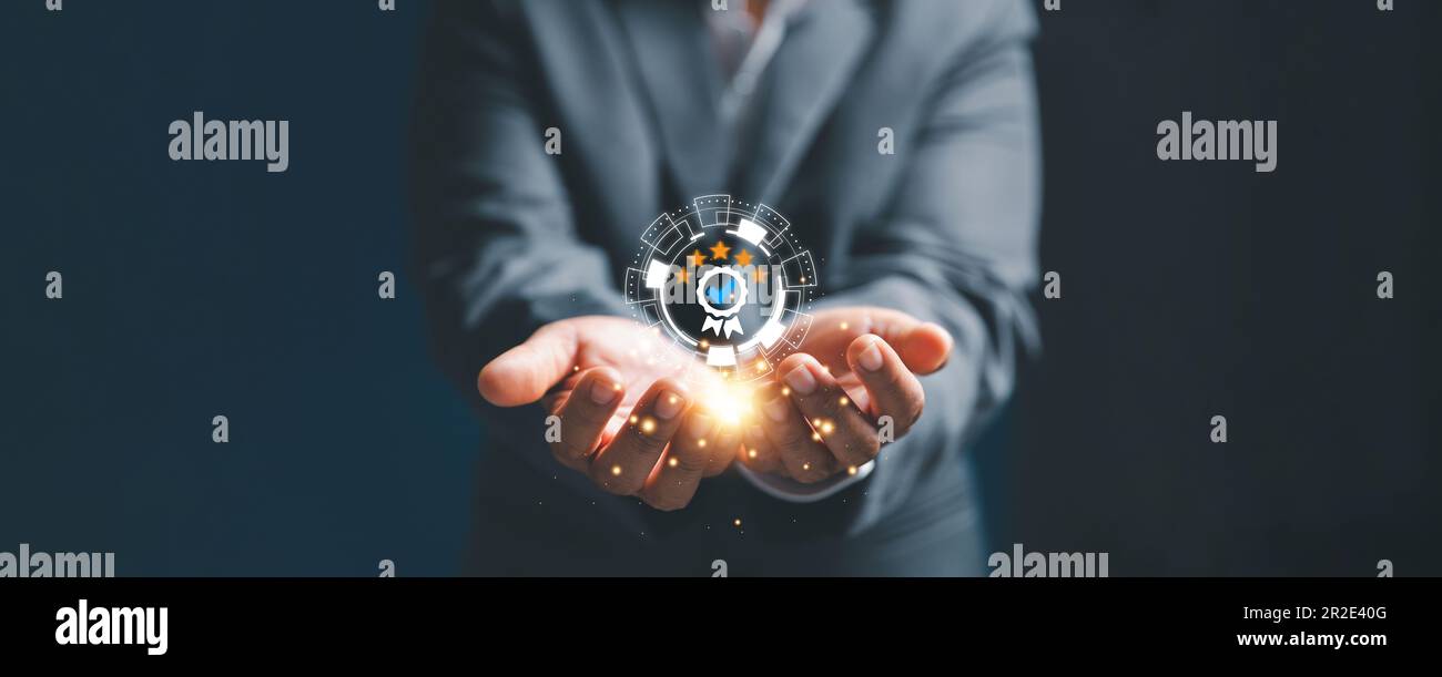 Hand shows sign of top service Quality assurance 5 star, Guarantee ...