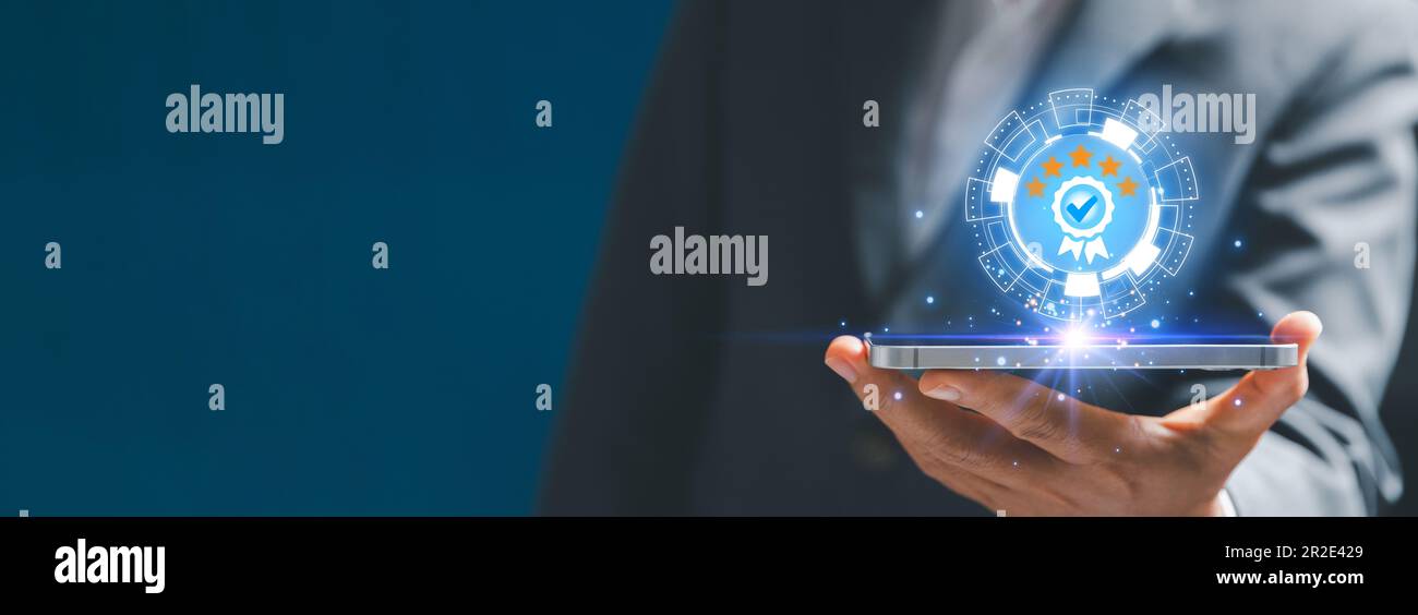 Hand shows sign of top service Quality assurance 5 star, Guarantee ...