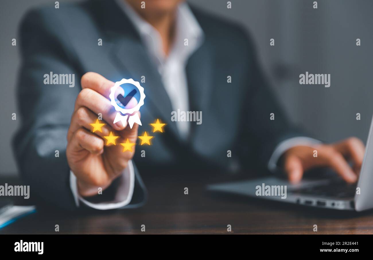 Hand shows sign of top service Quality assurance 5 star, Guarantee ...