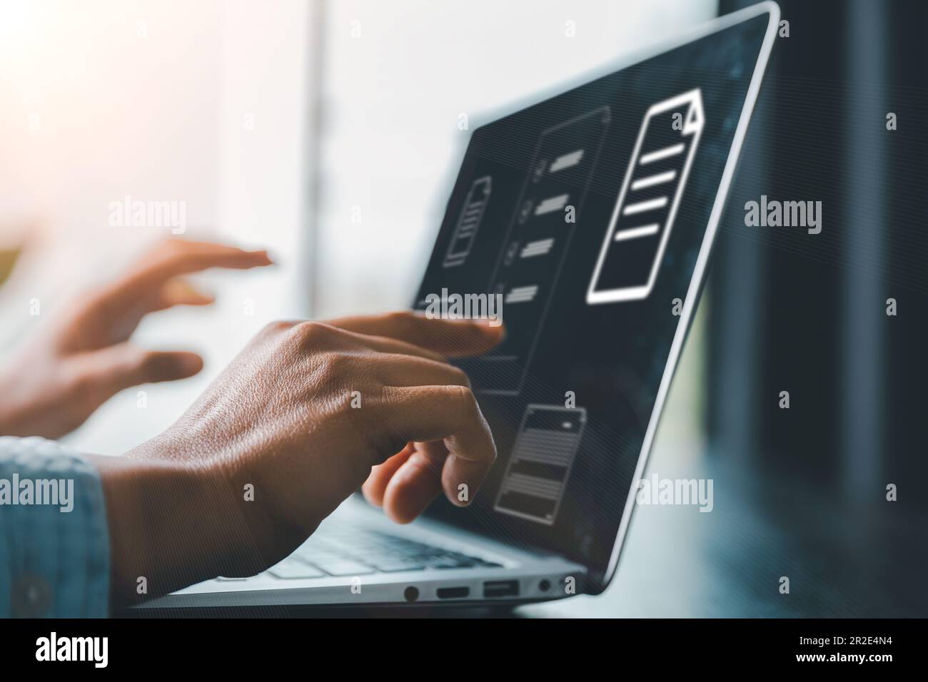 Concept of online document management technology. Businesspeople manage ... Concept of online document management technology. Businesspeople manage ...
