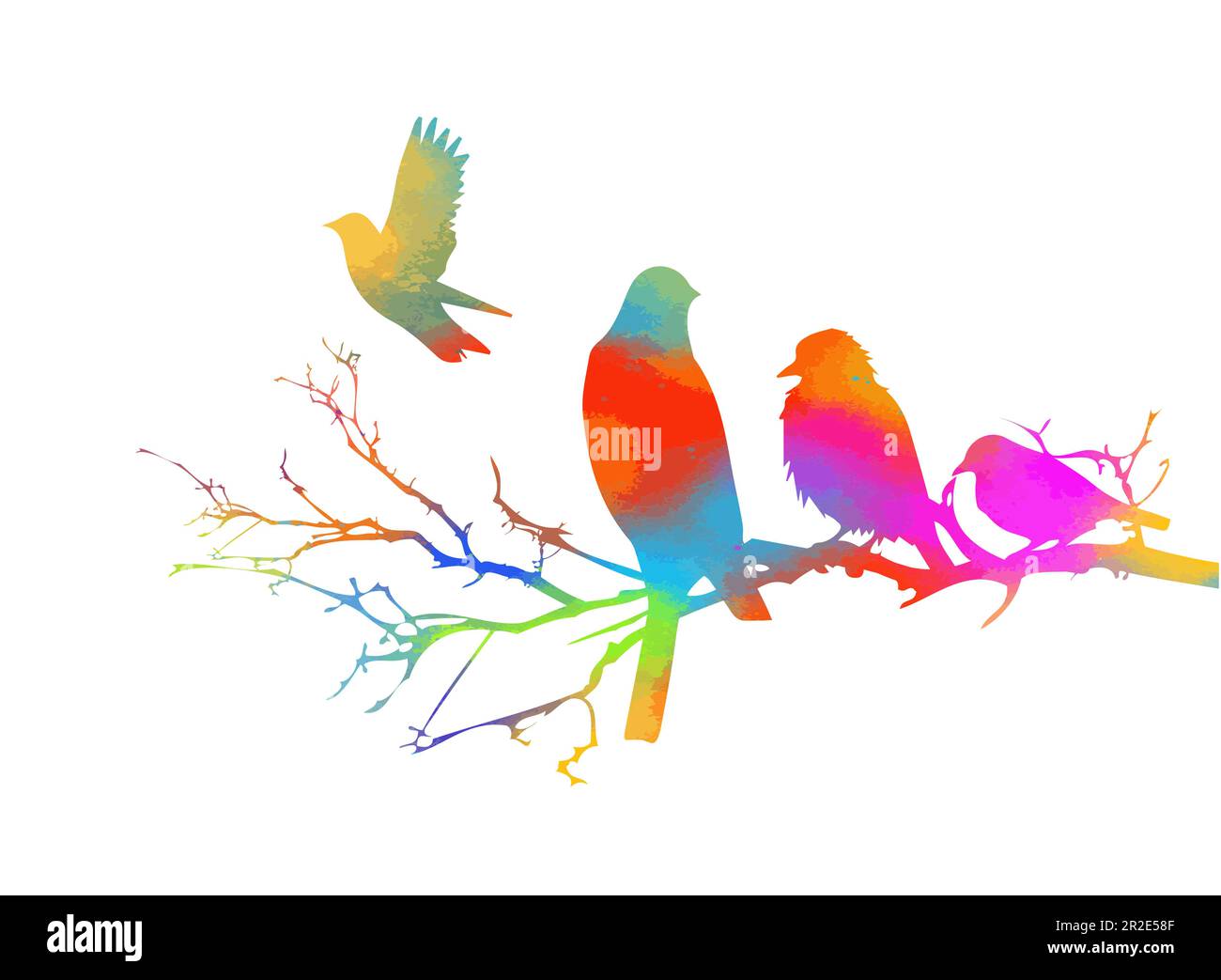 Birds are sitting on a colorful branch. Vector illustration Stock ...
