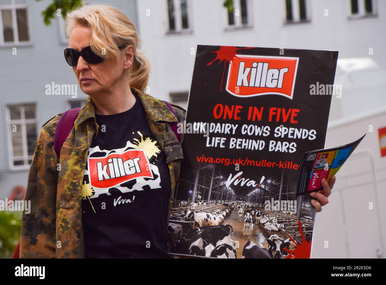 London, England, UK. 19th May, 2023. A protester wears a t-shirt and ...