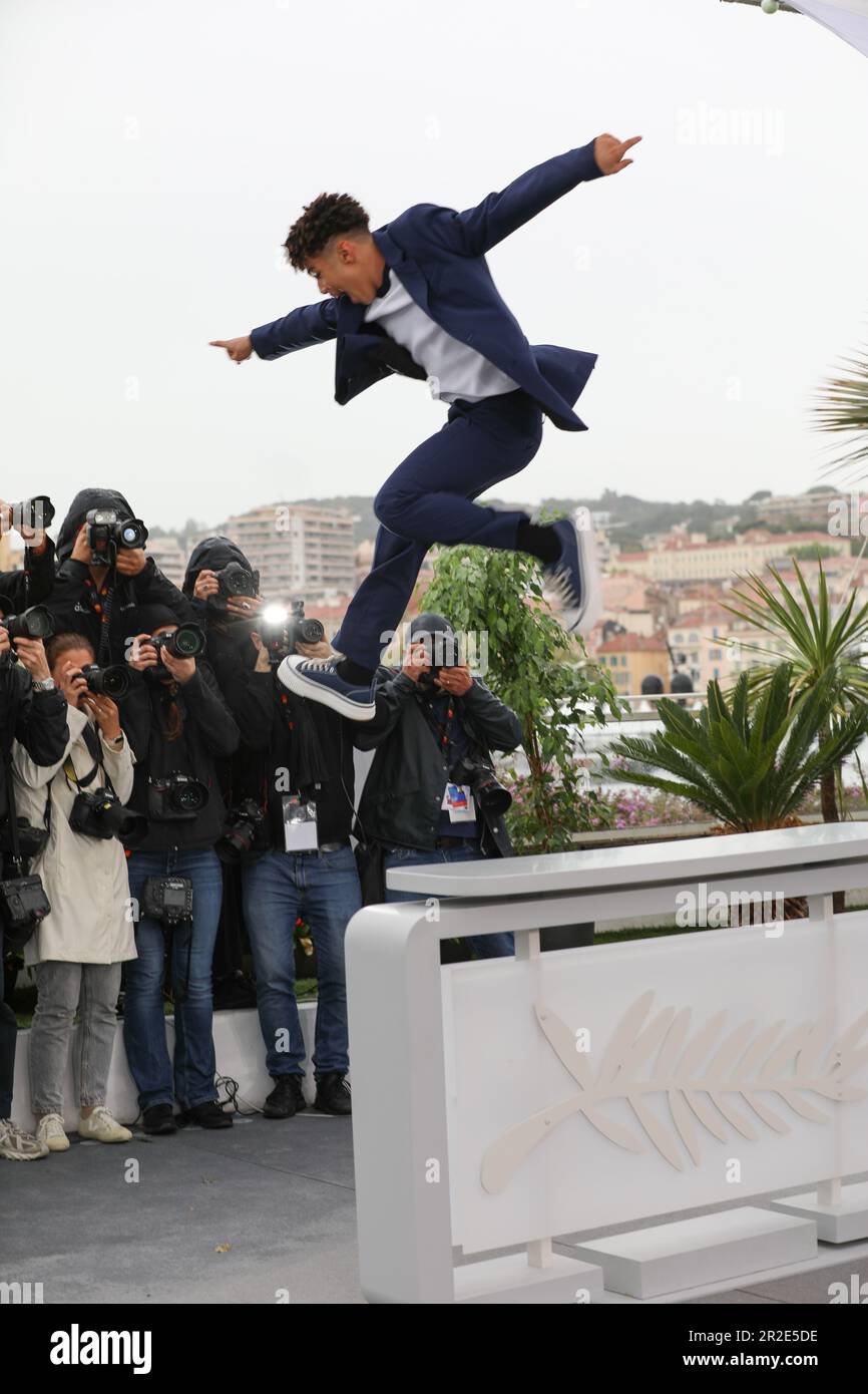 May 19, 2023, Cannes, Cote d'Azur, France: ETHANN ISIDORE jumps as he attends the photocall for ...