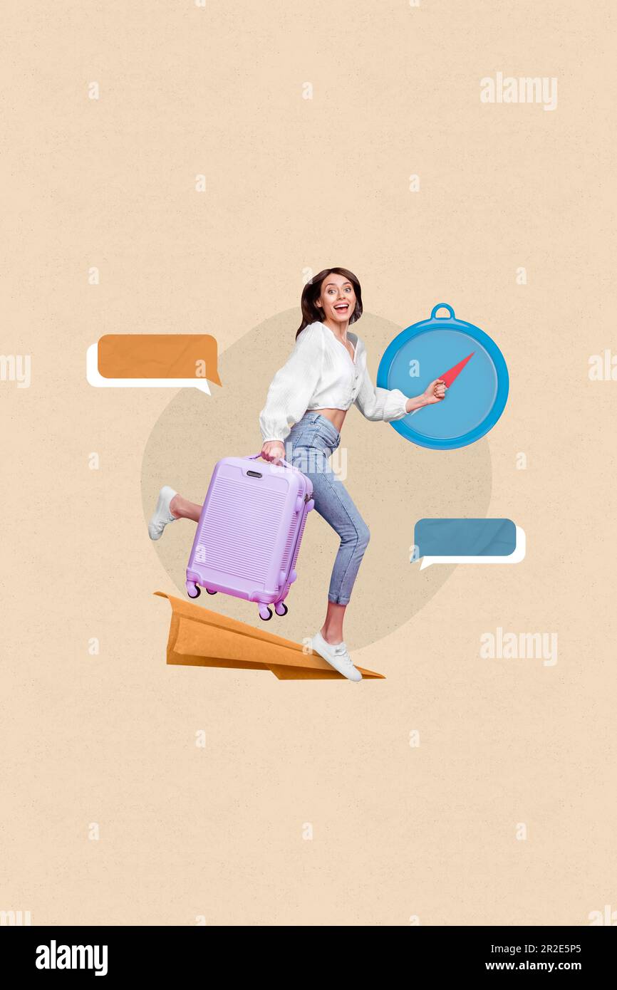 Vertical creative collage image of excited running walk suitcase paper plane flying air compass ...