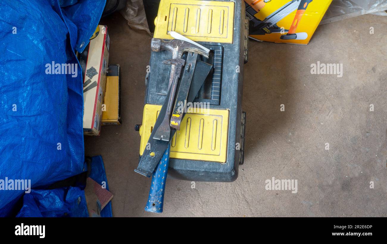 An Overhead View of a Toolbox and Carpentry Tools Stock Photo - Alamy