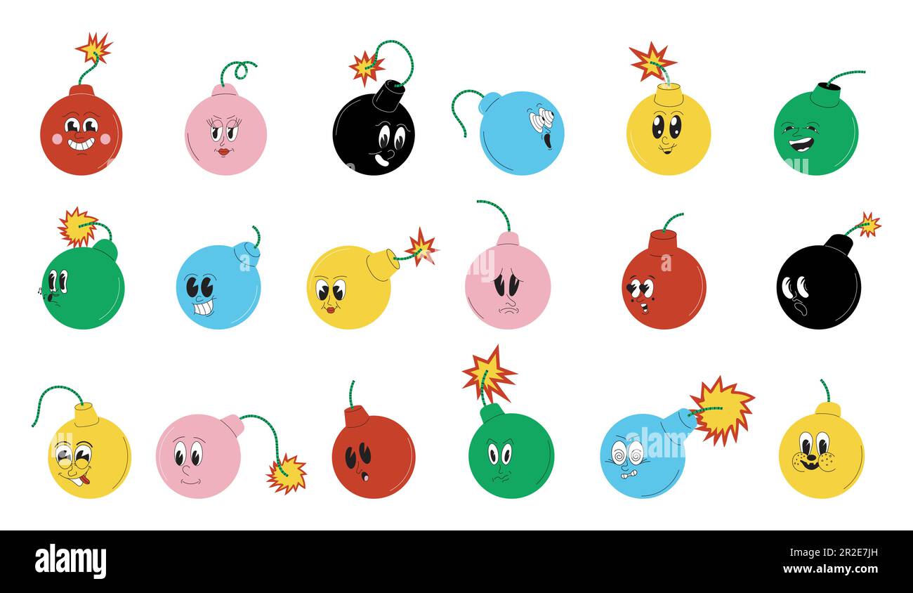 Crazy bomb, mascot character set. Doodle weapon sticker, dynamites with ...