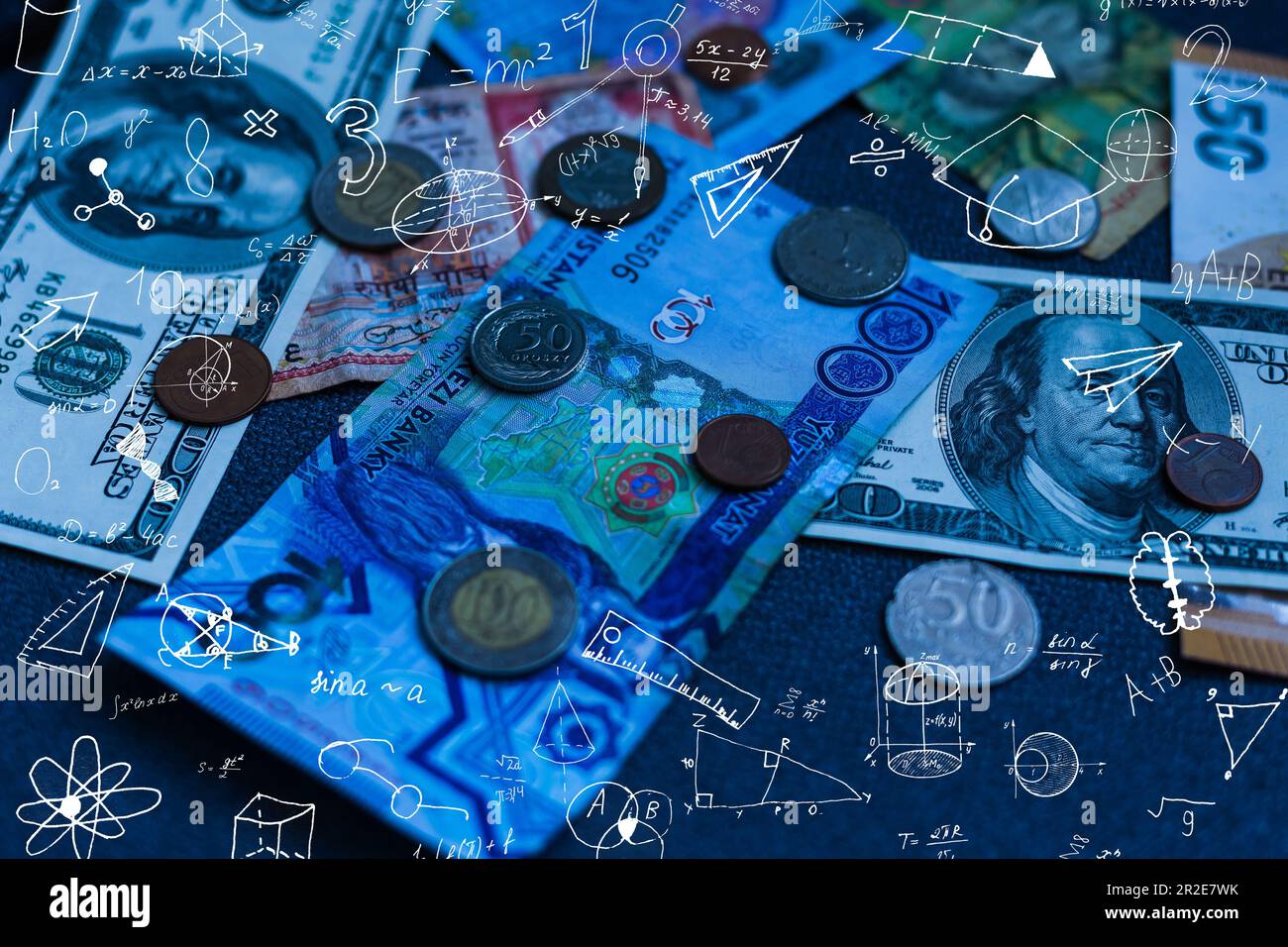 Abstract virtual chemistry illustration on money background, science ...