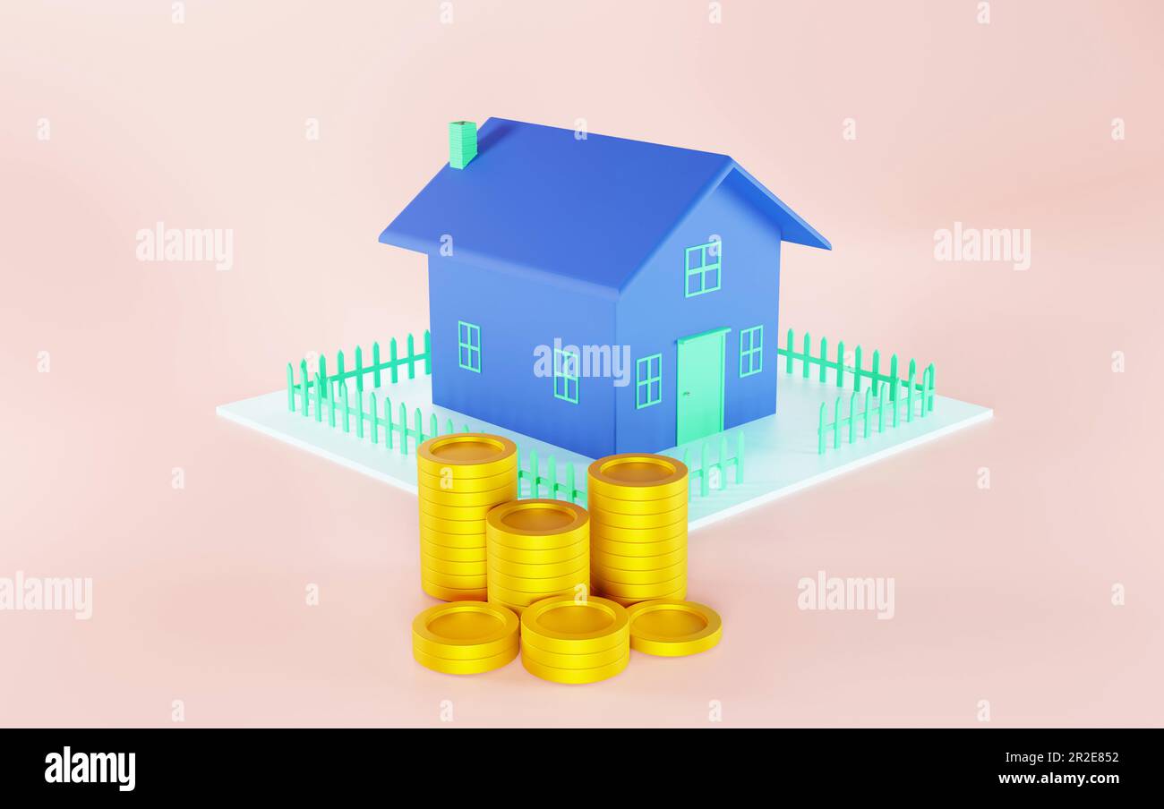 3d rendering Home and gold coins on white background illustration Stock ...