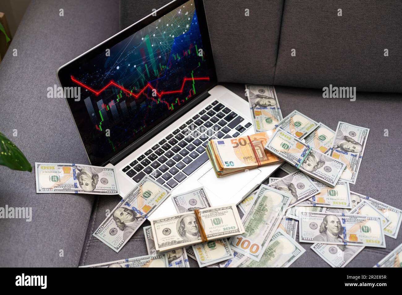 Stock Market Chart on Screen with Dollars and Euros on Background Stock ...