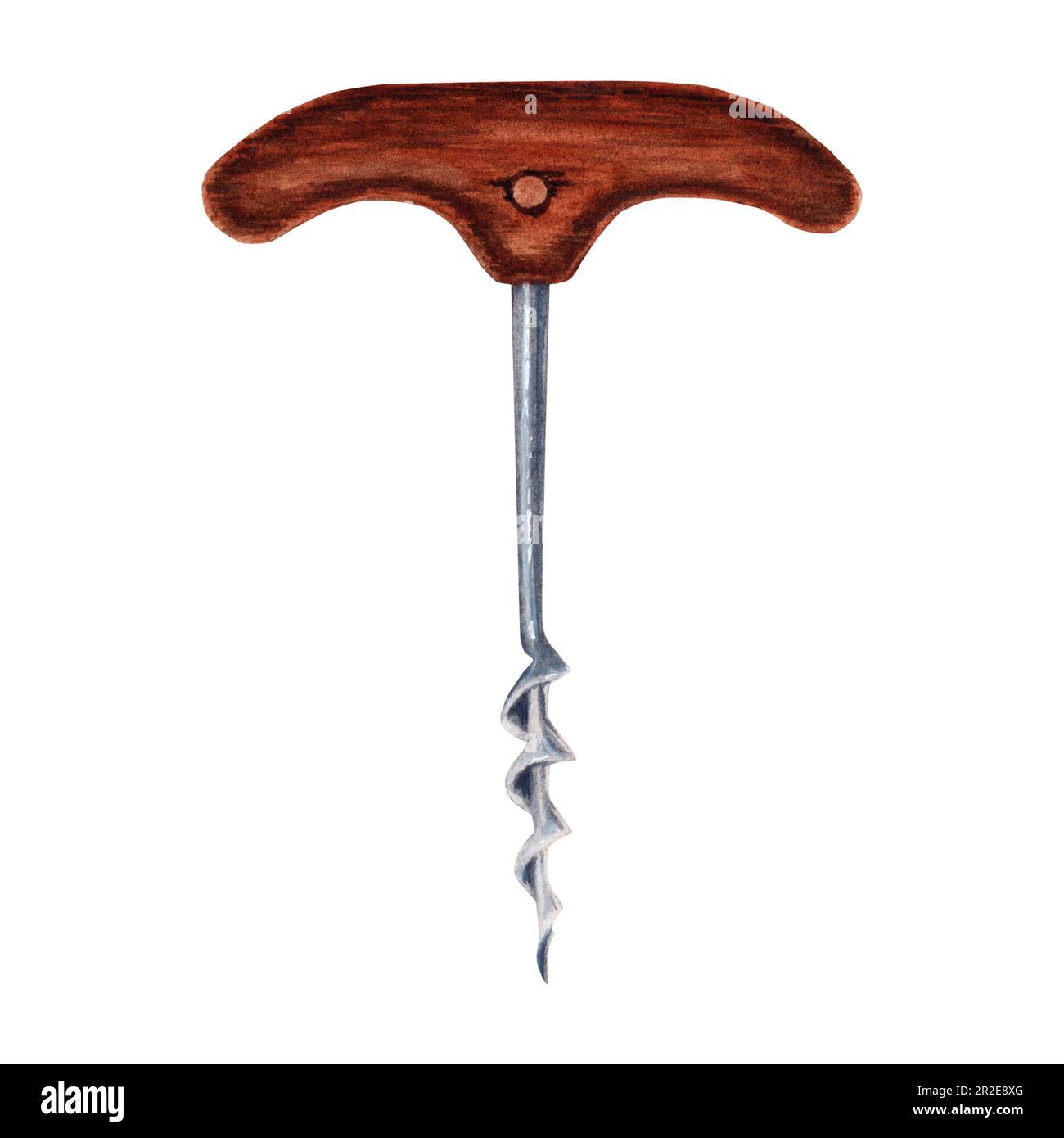 Wooden corkscrew isolated on white background. Hand drawn watercolor ...