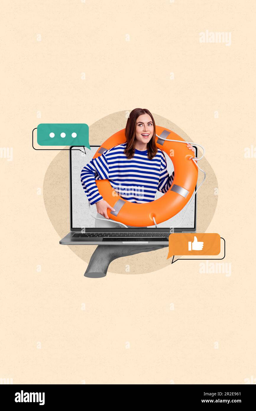 3d retro abstract creative artwork template collage of hand hold laptop ...