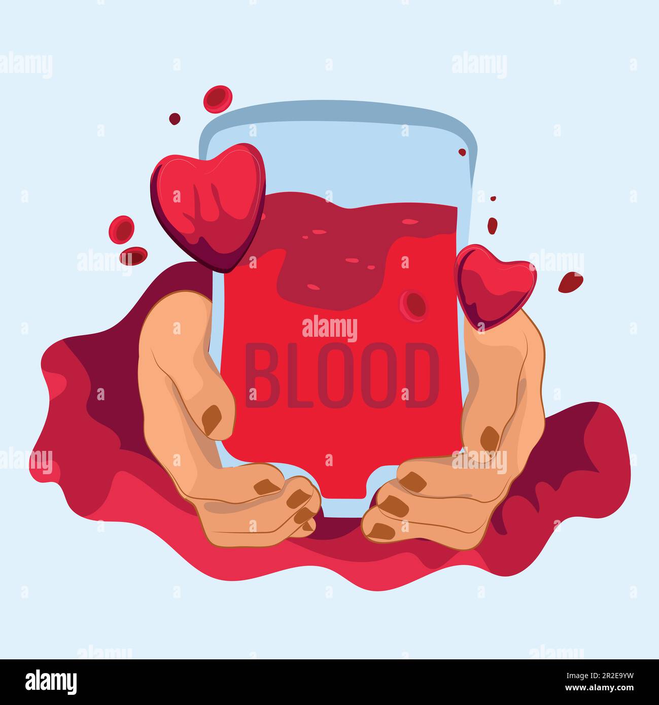 Day donation concept with bag of blood, hand and heart medical sign ...