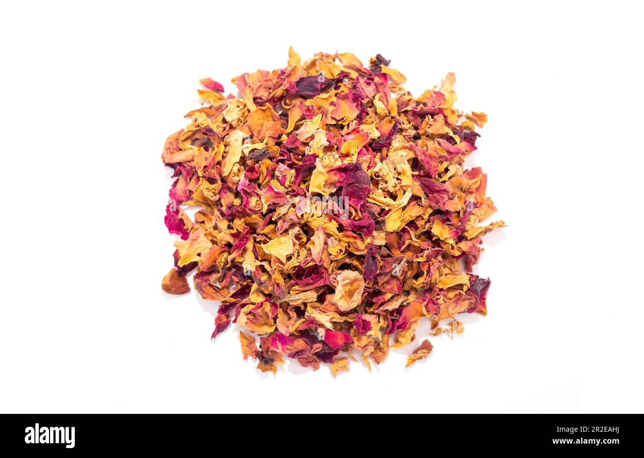 handful of isolated dried rose petals, leaves, buds on white background ...