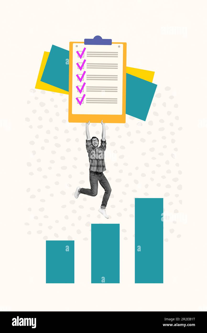 Vertical collage of young man hanging notebook tasks completed diagram ...