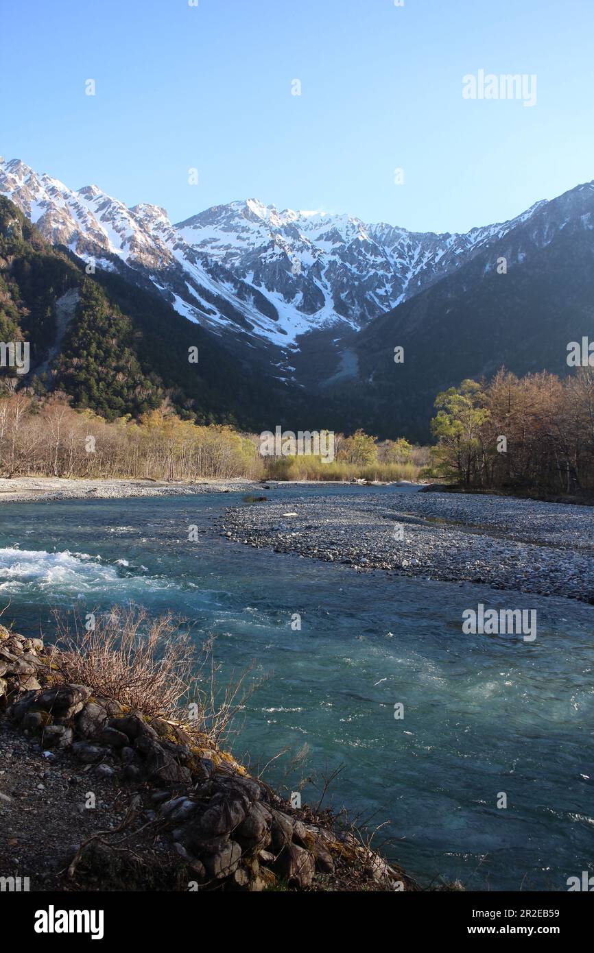 Dawn scenery of Kamikochi with Mount Hotaka and Azusa River, in Japan ...